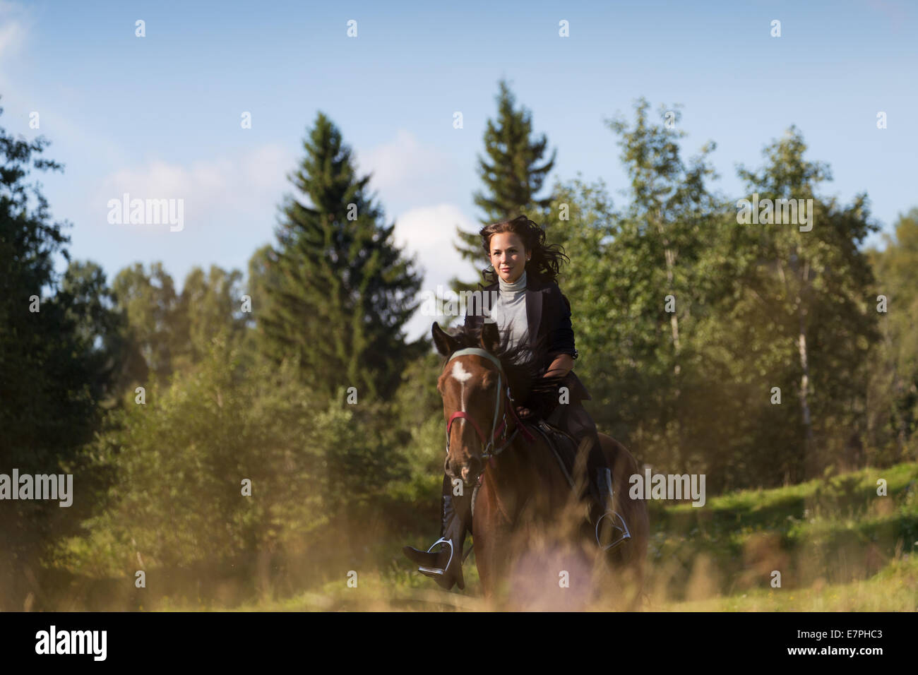 Young pretty woman riding horse Stock Photo - Alamy