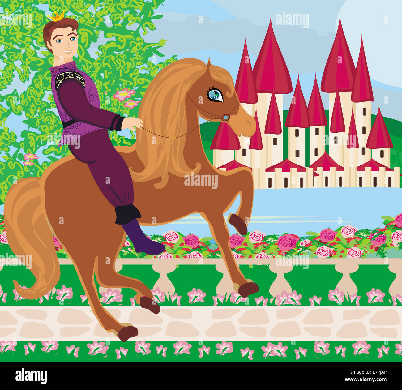 Prince riding a horse to the castle Stock Photo - Alamy