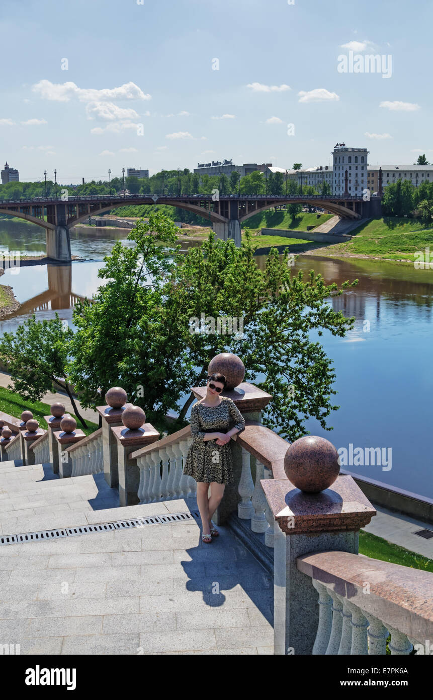 Vitebsk. City landscapes. River Dvina embankment. Ladder to Church of ...