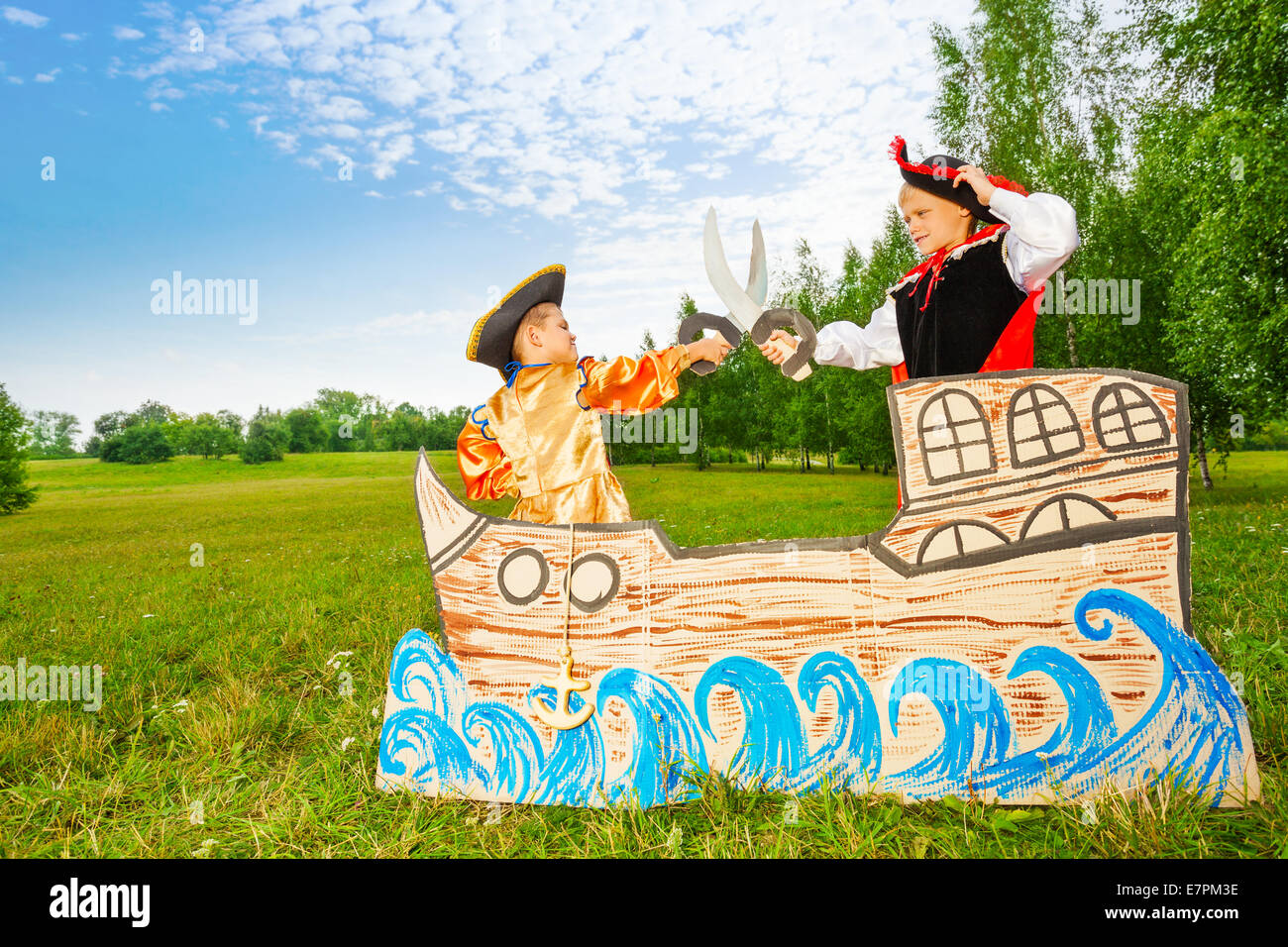 Two pirates dueling with swords on ship Stock Photo - Alamy