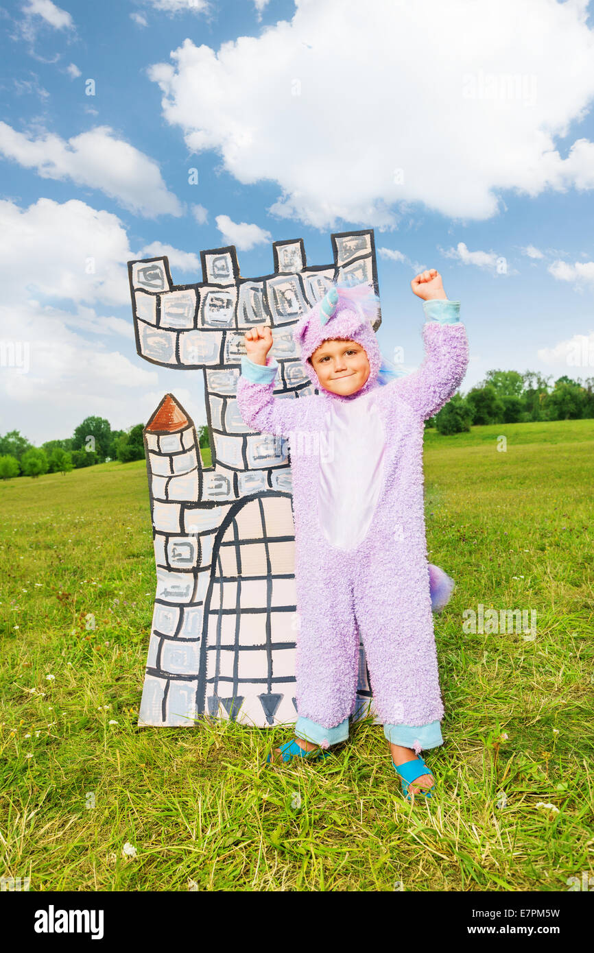 Boy in costume of monster stands near drawn tower Stock Photo - Alamy