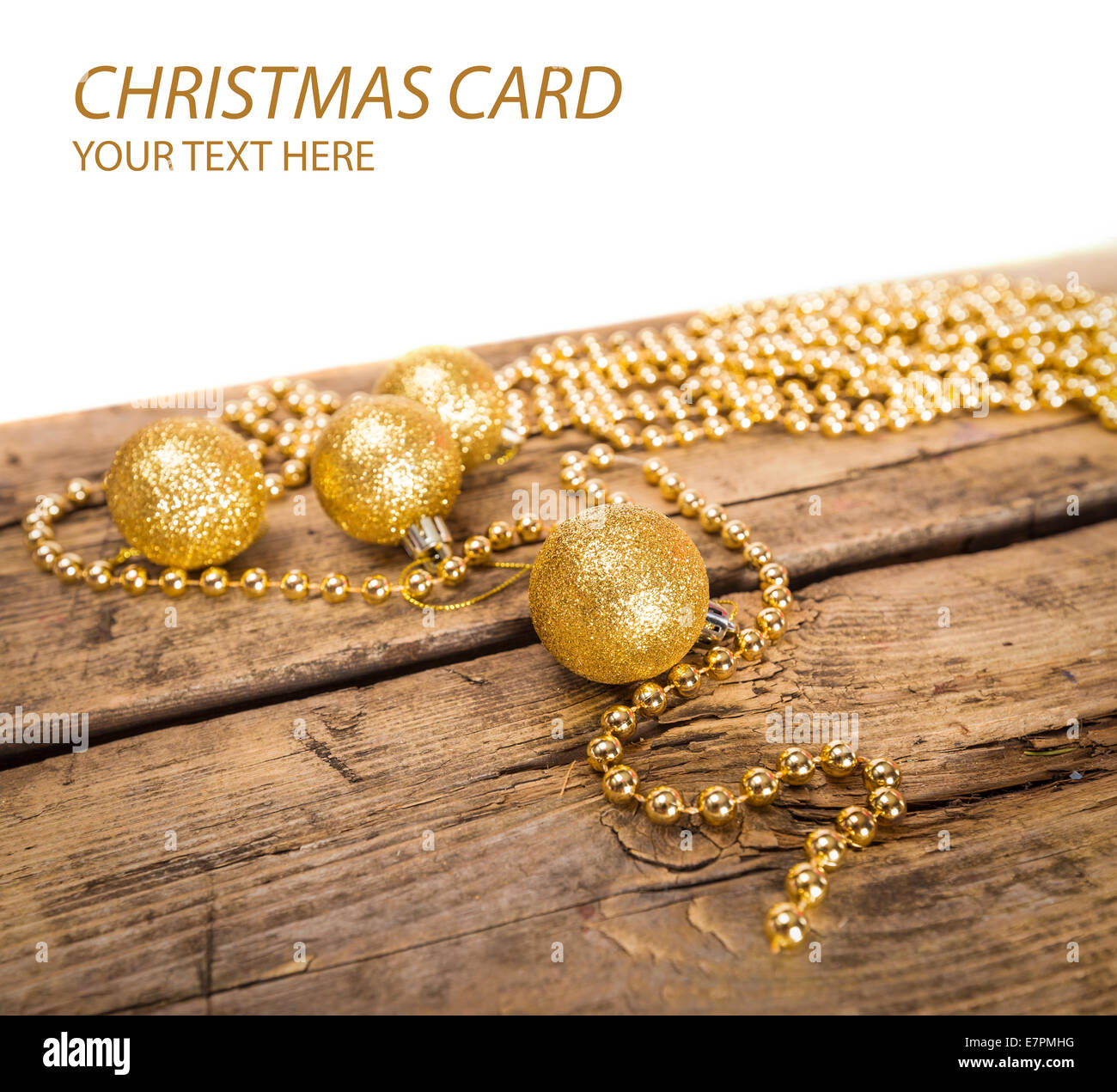 Christmas cards with golden shiny balls on wooden background Stock ...