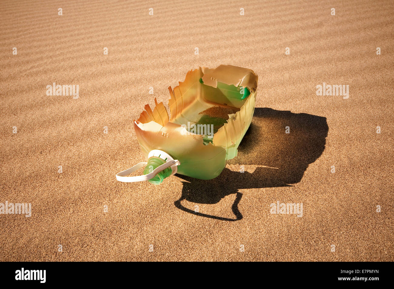 Plastic container on sand, aged by the effects of nature Stock Photo ...