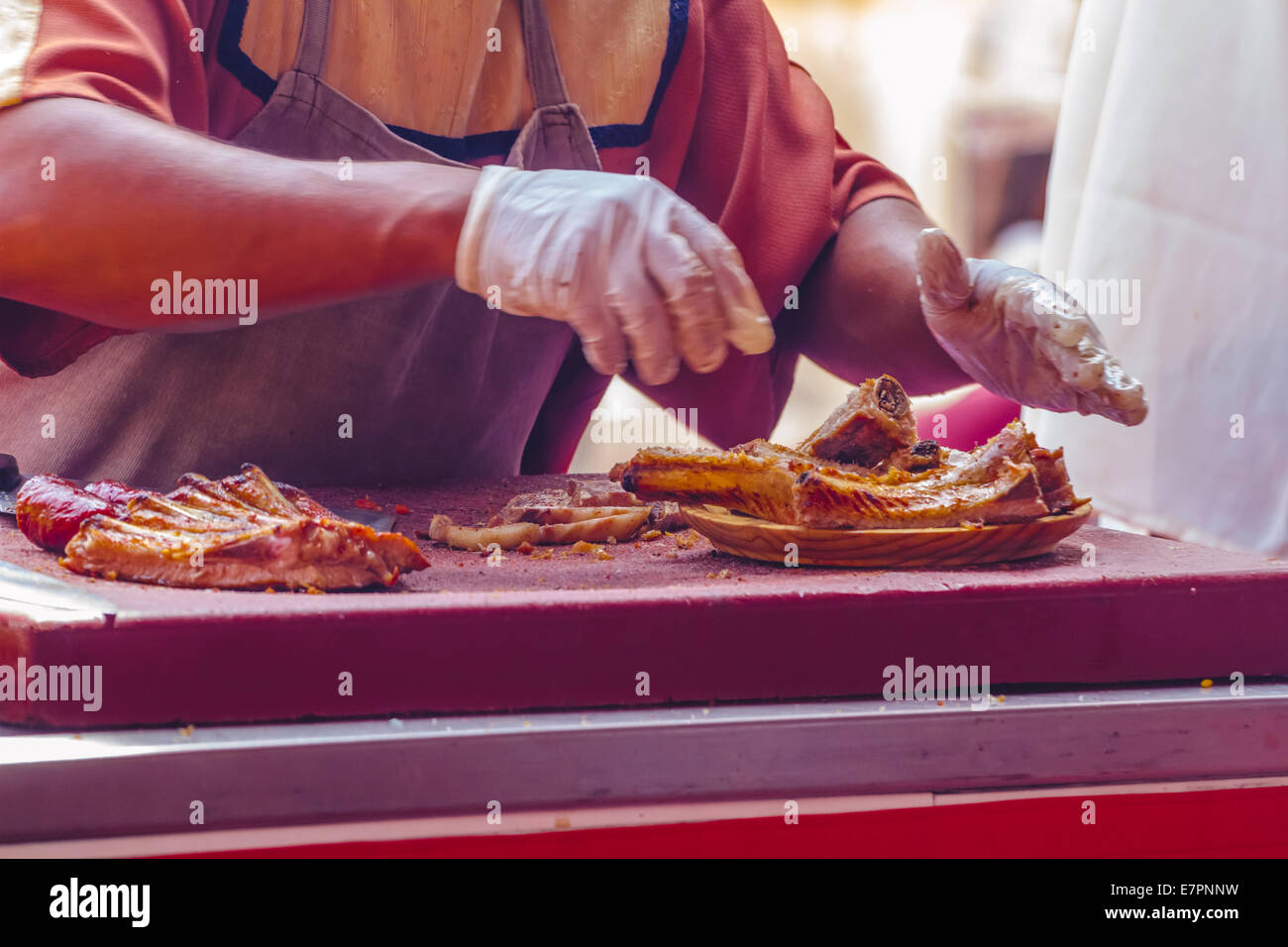 medieval cook, barbecue with sausages and pork sausages Stock Photo - Alamy