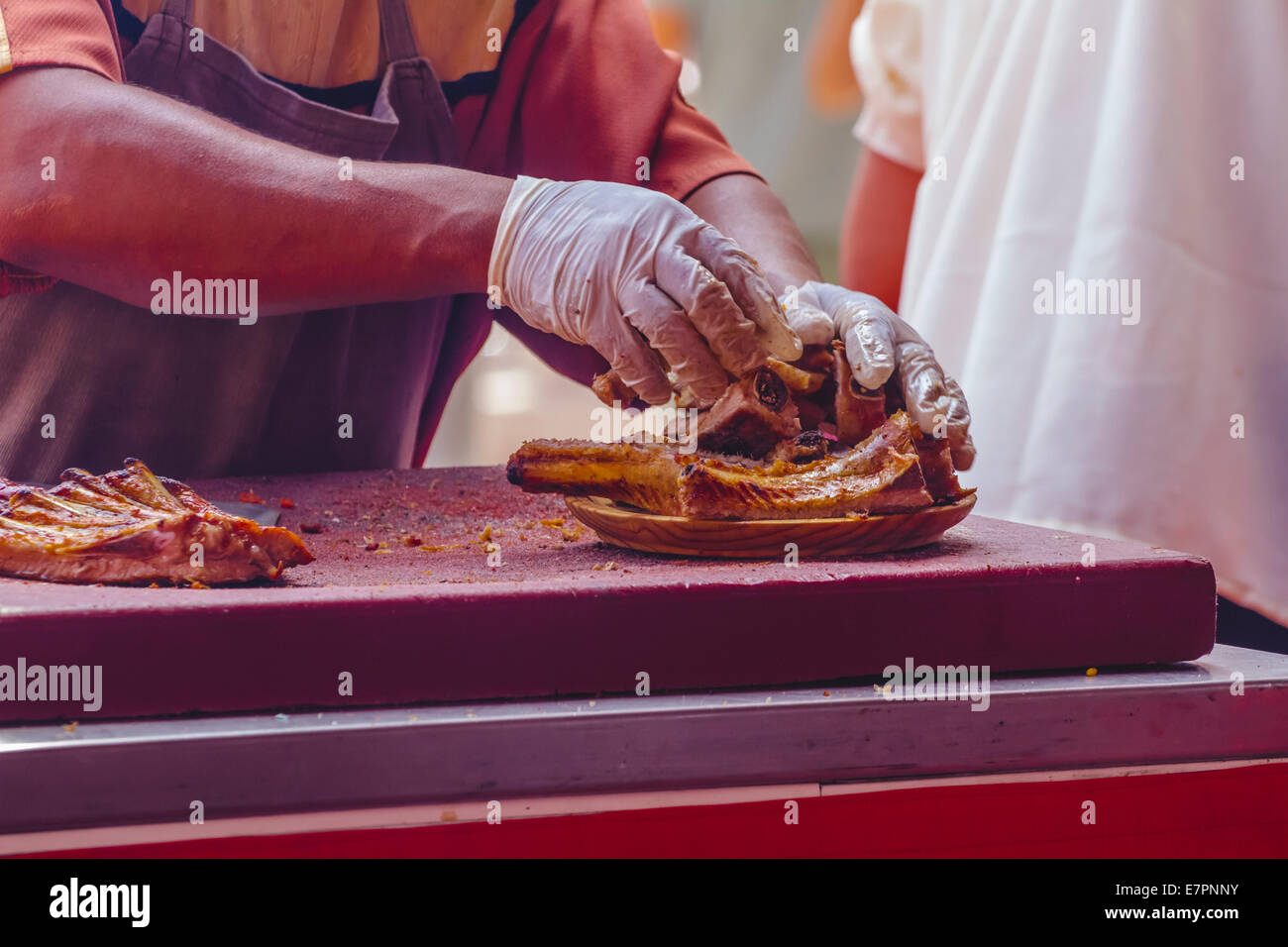medieval cook, barbecue with sausages and pork sausages Stock Photo - Alamy