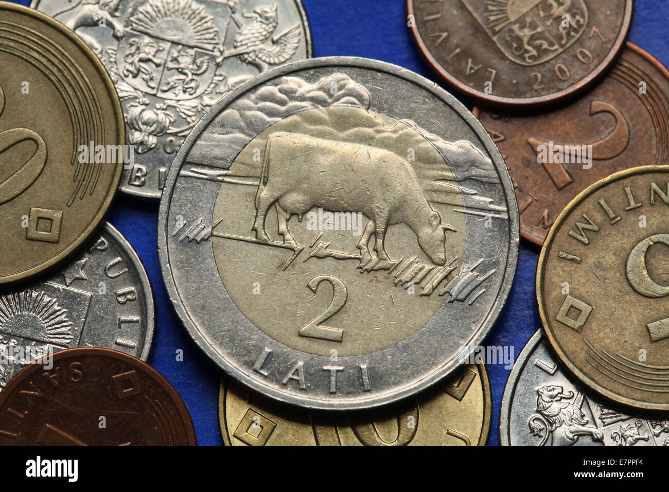 Coins of Latvia. A cow symbolised Latvian countryside depicted in the ...