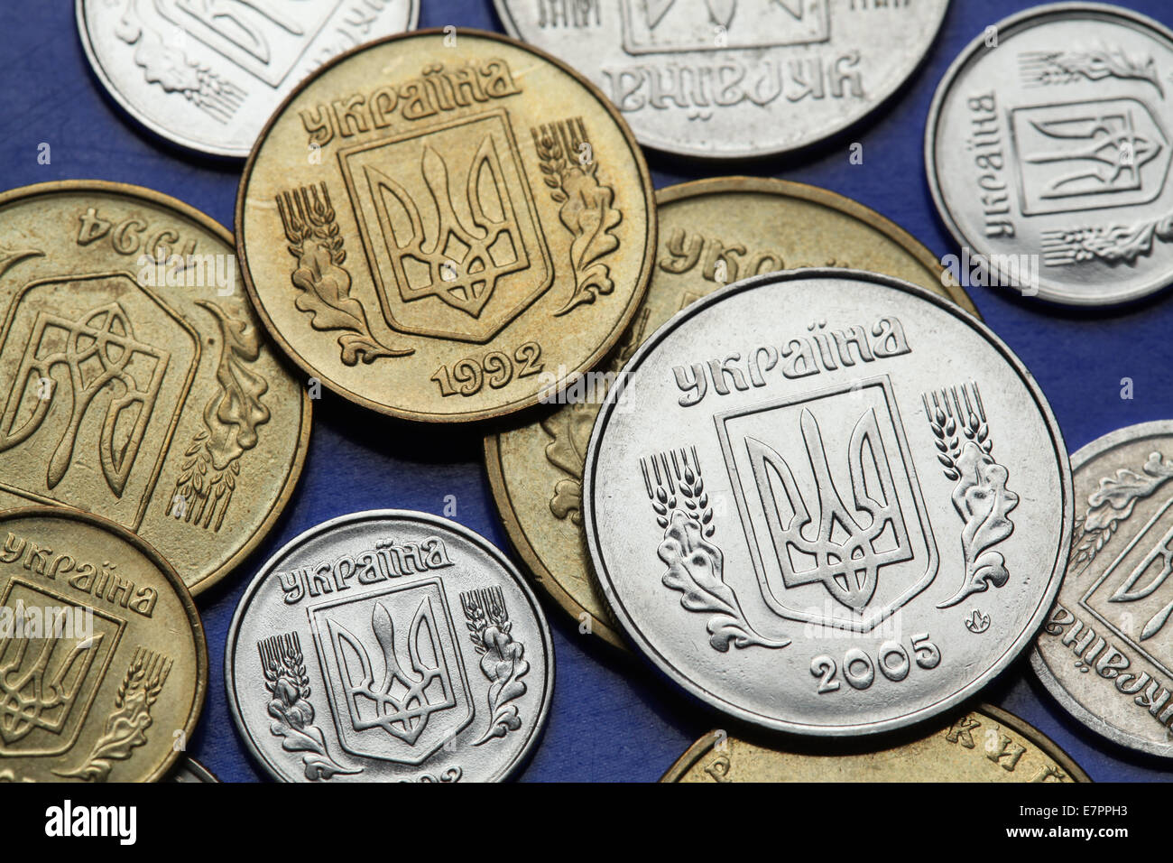 Coins of Ukraine. Ukrainian national coat of arms known as the Tryzub ...
