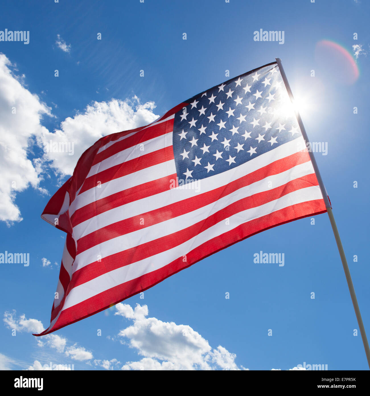USA flag with blue sky and sun on background - 1 to 1 ratio Stock Photo ...