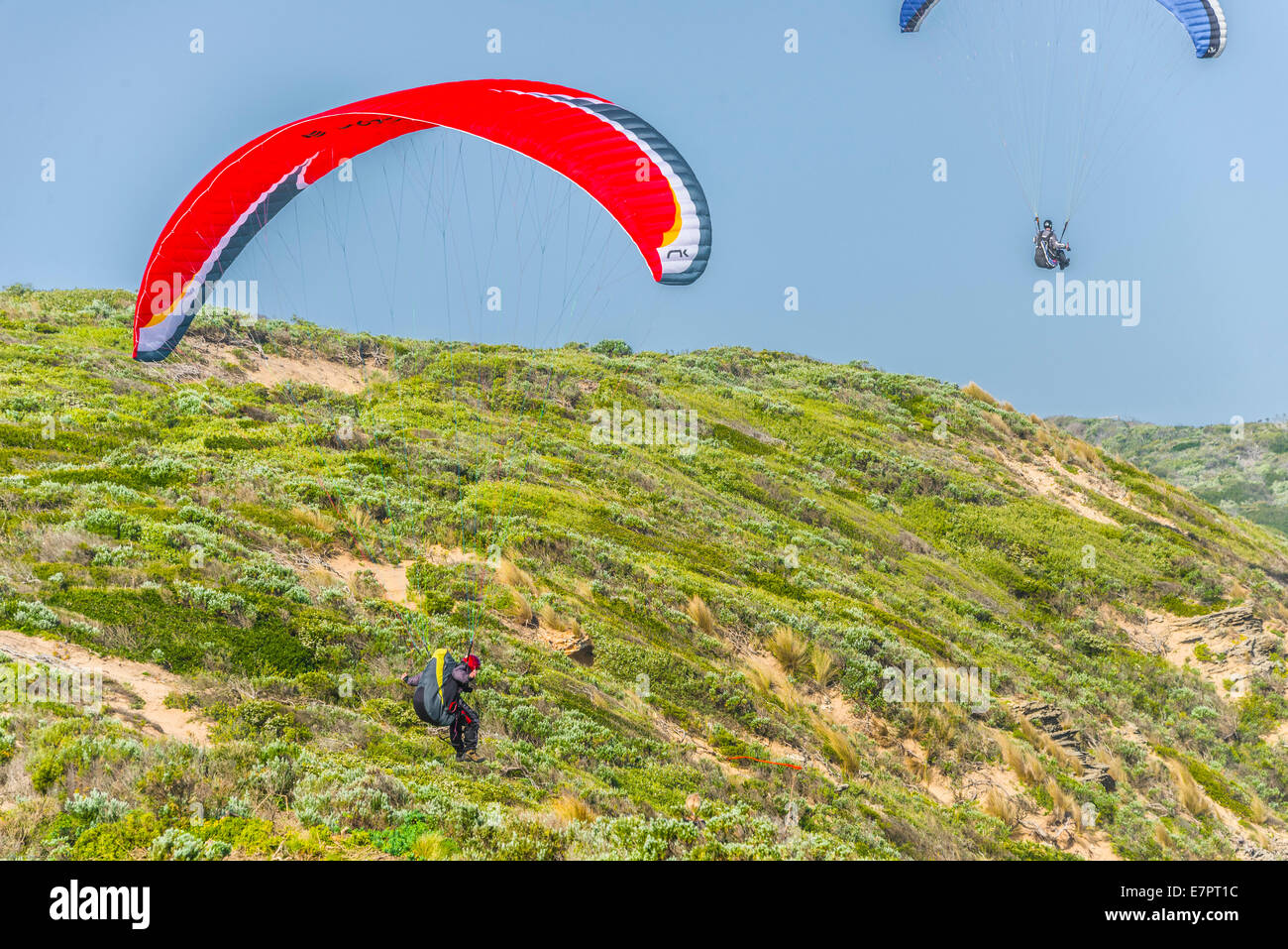 sky diving on the peninsula beach flying in the sky hang glider Stock ...
