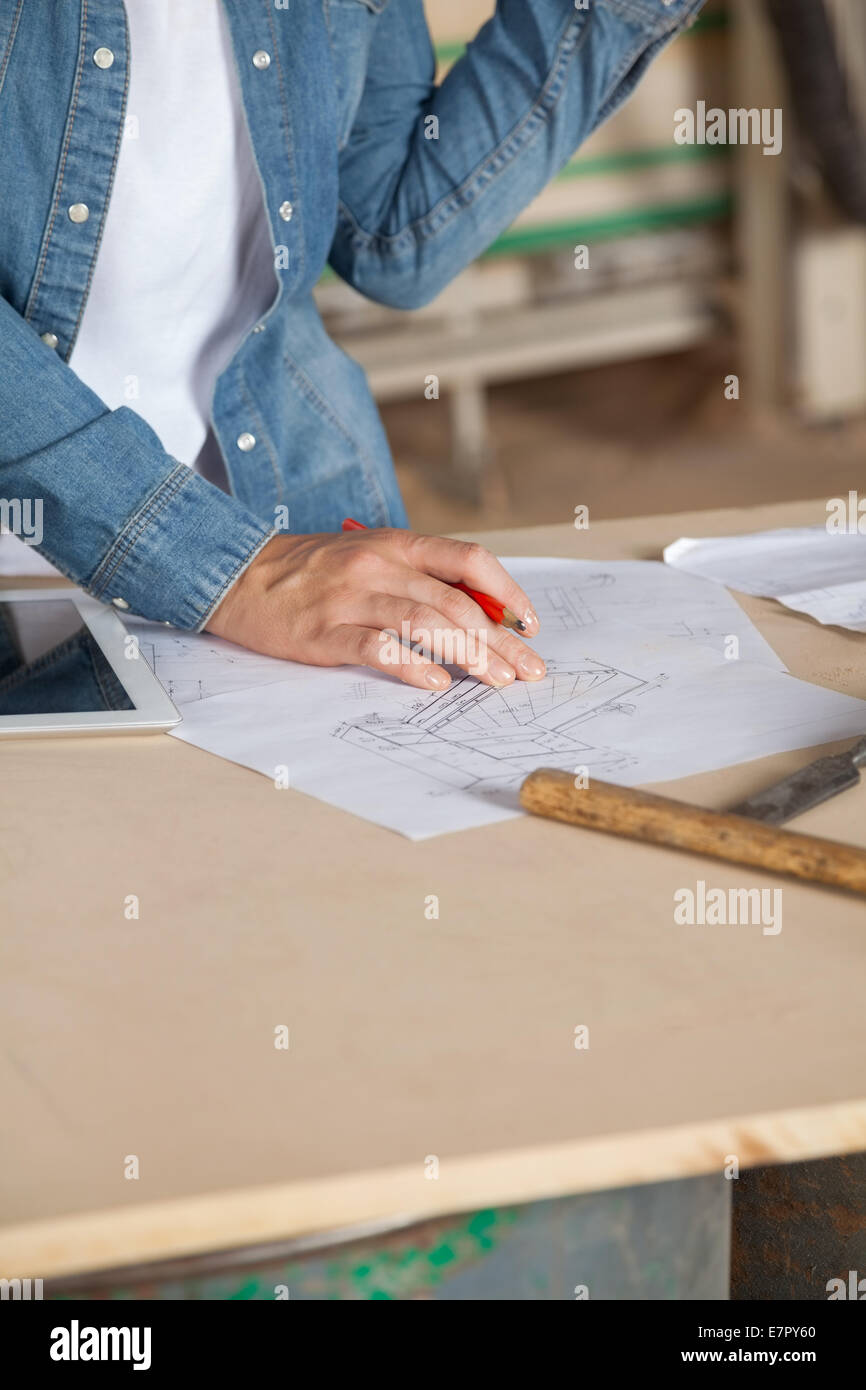 Female Carpenter With Blueprint At Table Stock Photo - Alamy