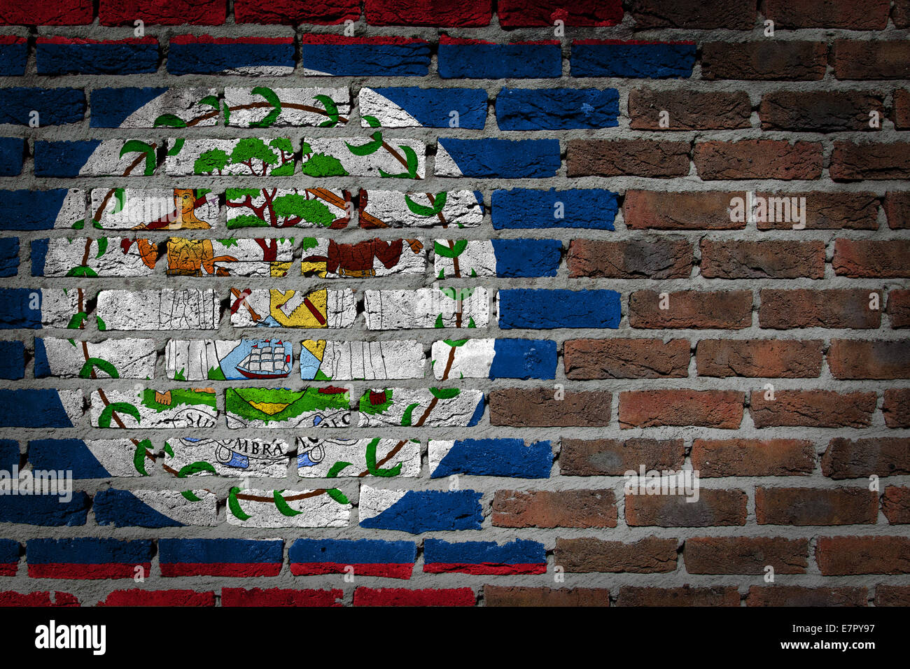 Dark brick wall texture - flag painted on wall - Belize Stock Photo - Alamy