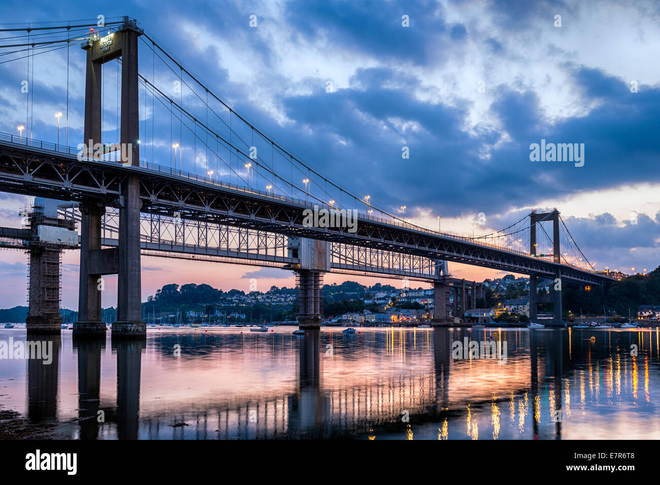 Dusk at the Tamar Bridge, a suspension bridge crossing the river Tamar ...