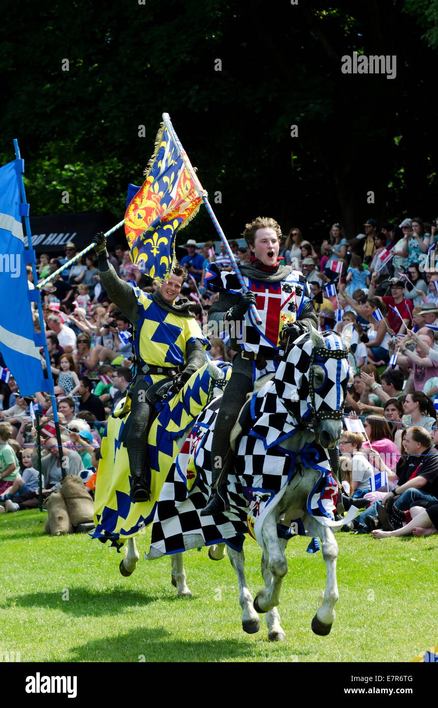 Knights taking part in a medieval jousting tournament at Linlithgow ...
