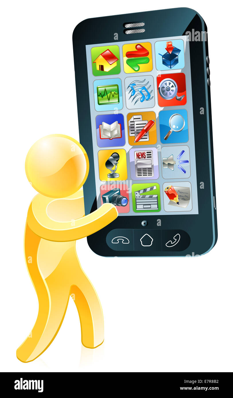 Illustration of a gold man holding a big cell phone Stock Photo - Alamy