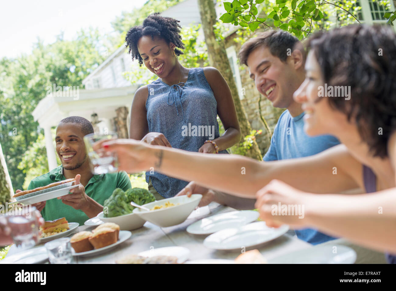 A family gathering, men, women and children around a table in a garden ...