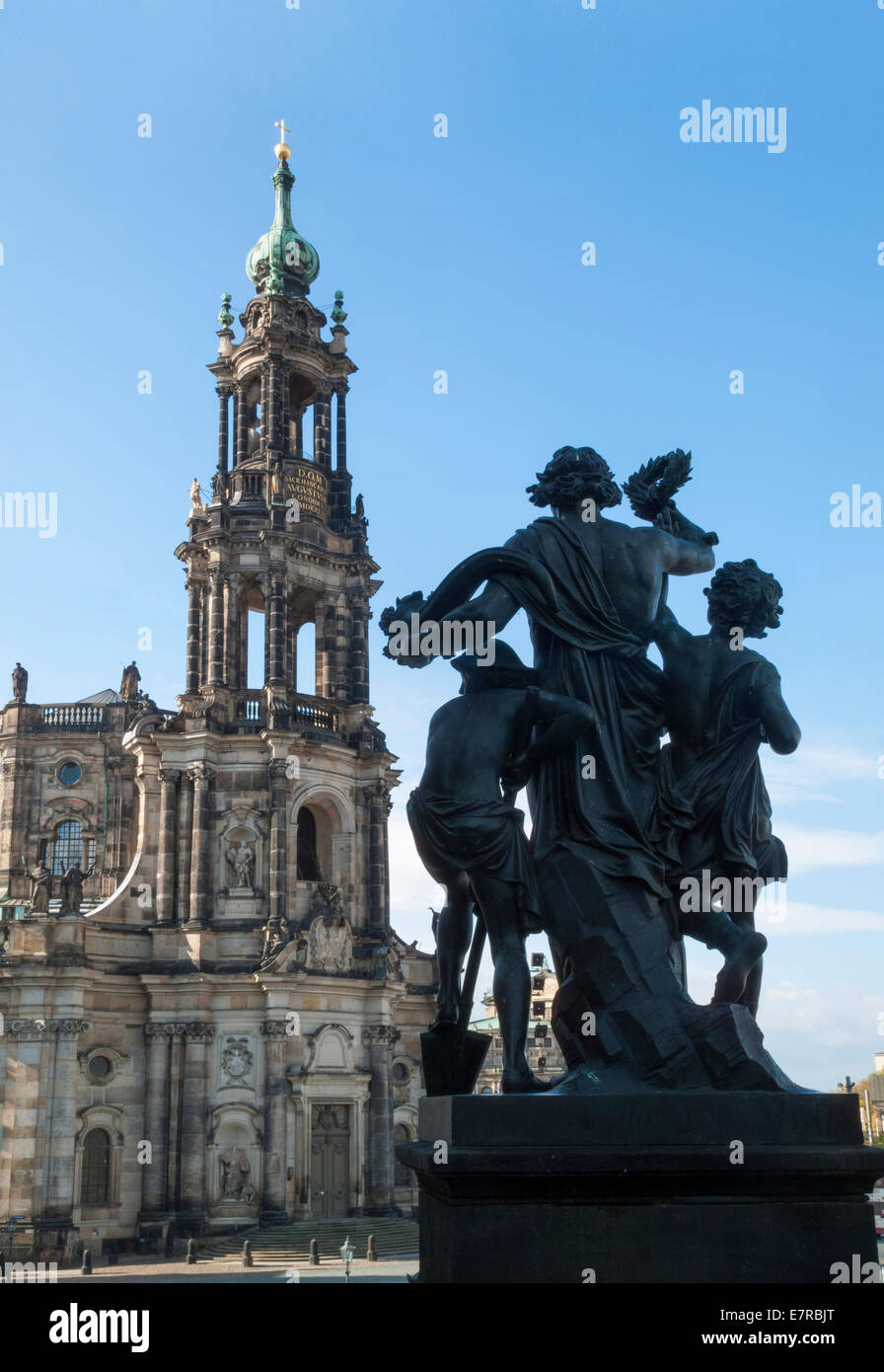 Bronze statue "Der Morgan" and Hofkirche Cathedral Dresden Saxony ...