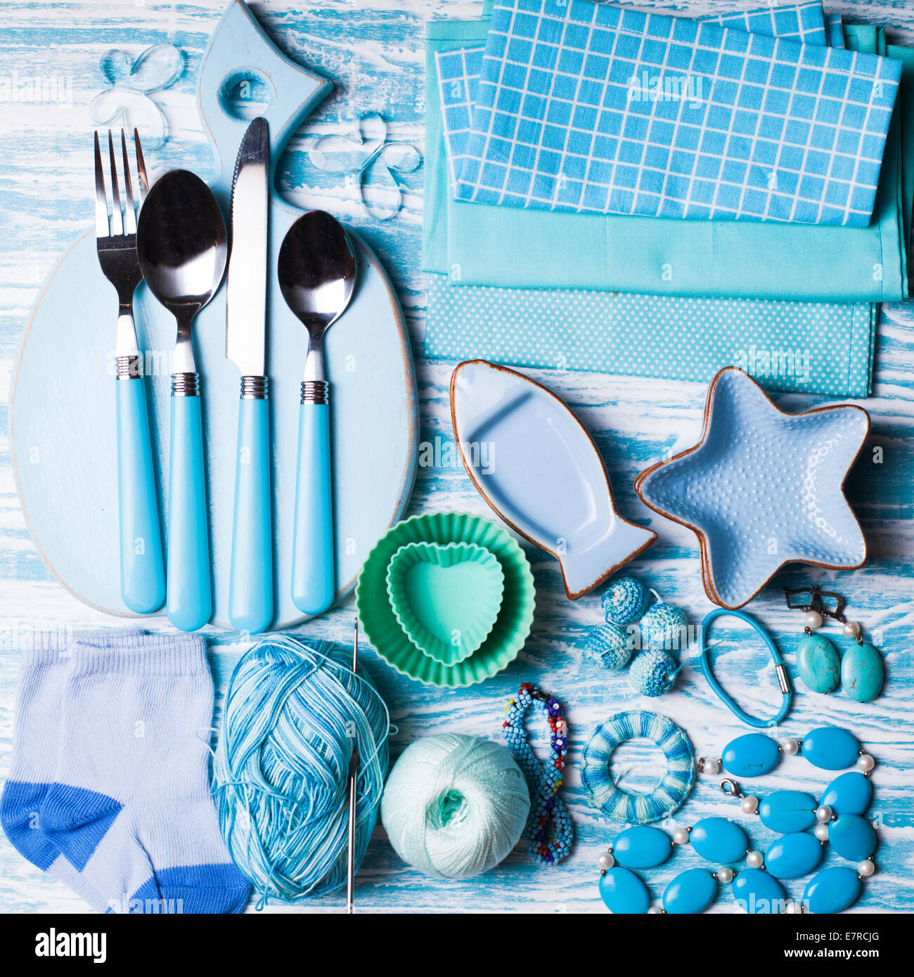 Blue objects on the table. Concept color still life Stock Photo - Alamy