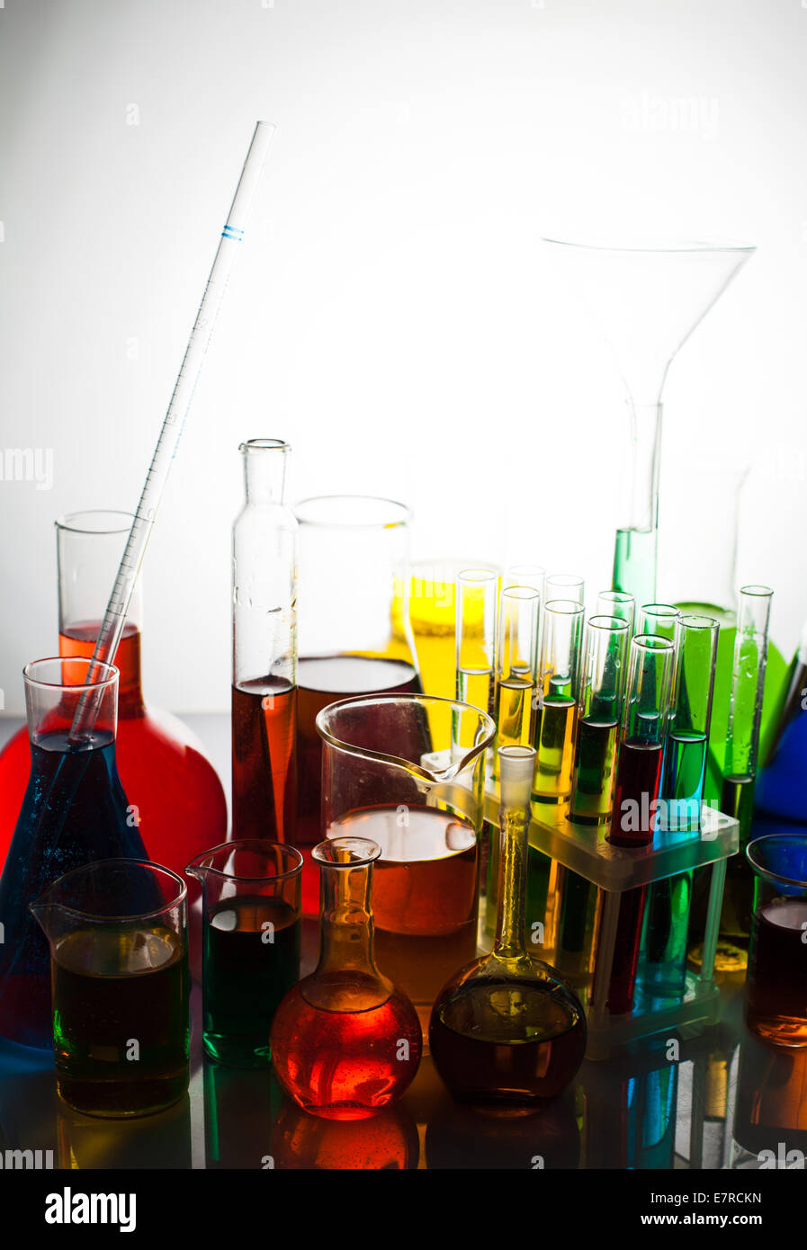Laboratory glass with rainbow color liquids, chemistry still life Stock ...