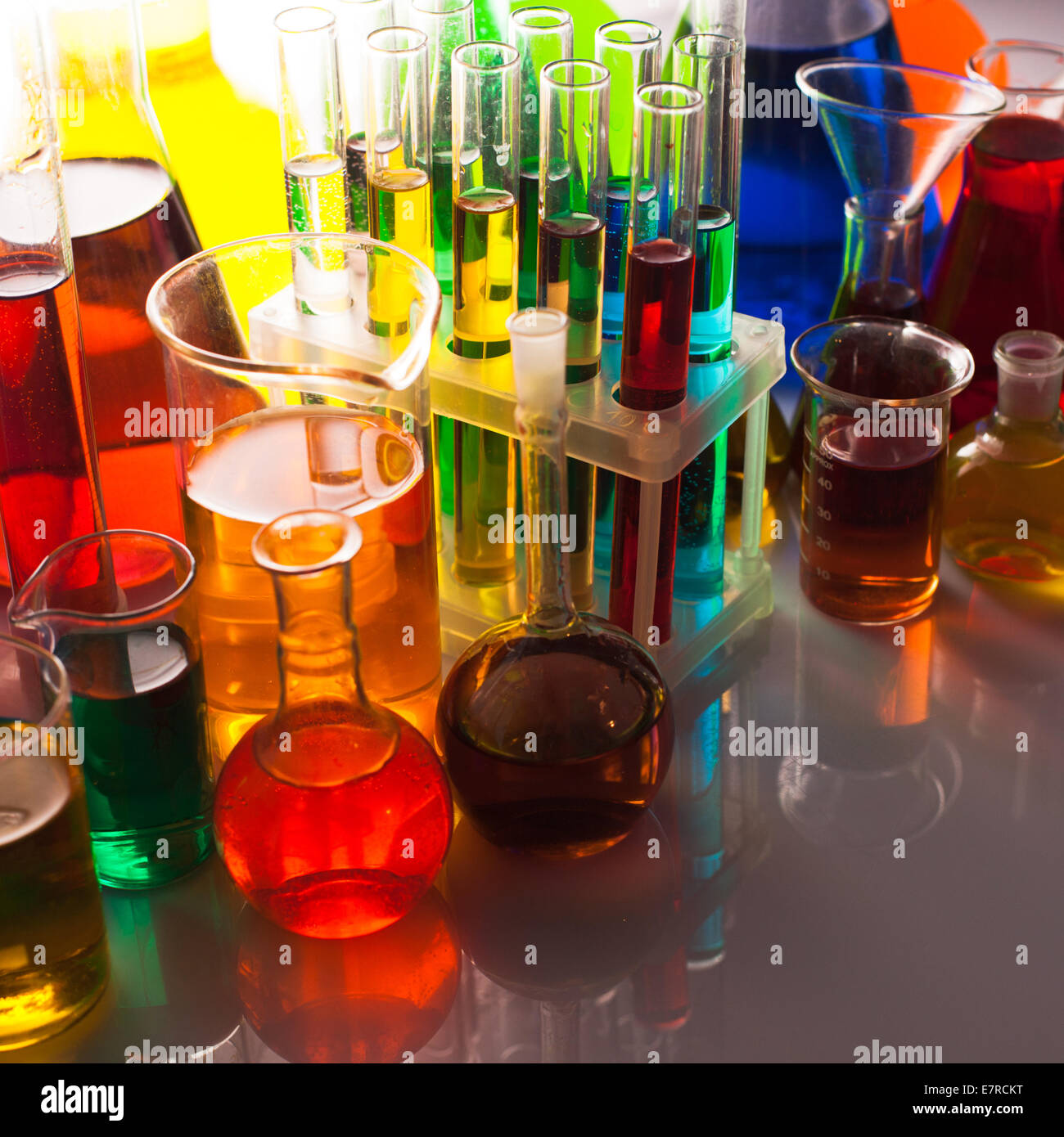 Laboratory glass with rainbow color liquids, chemistry still life Stock ...