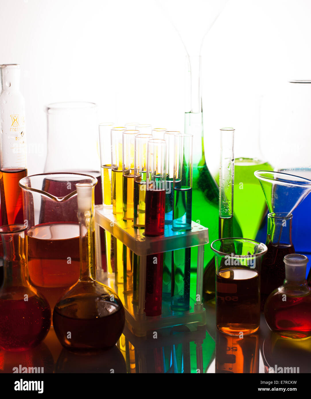 Laboratory glass with rainbow color liquids, chemistry still life Stock ...
