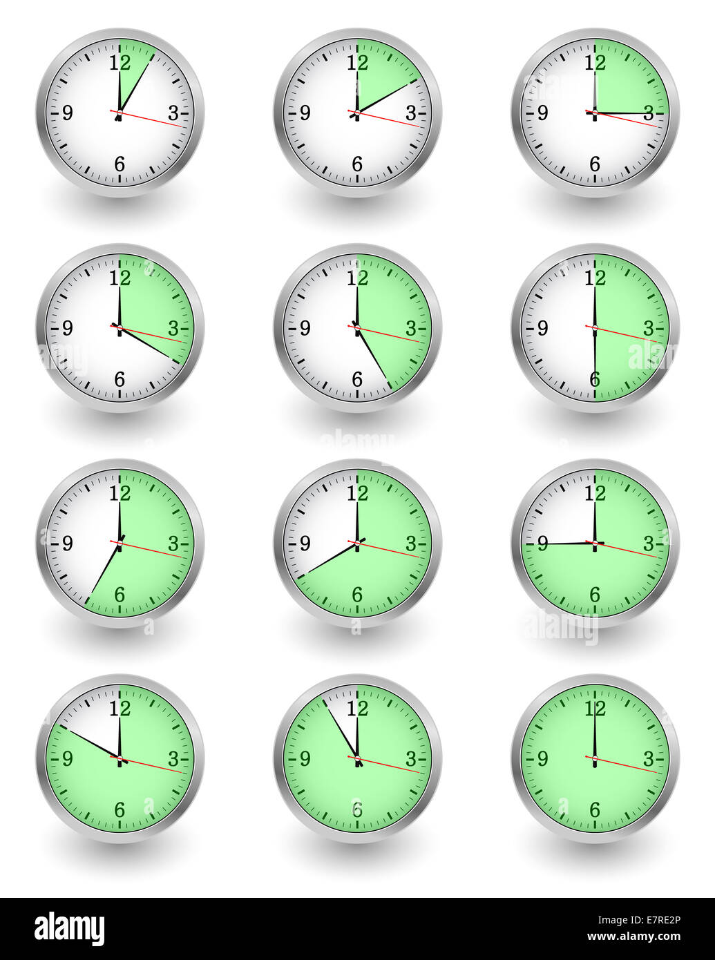 Twelve clocks showing different time on white Stock Photo - Alamy
