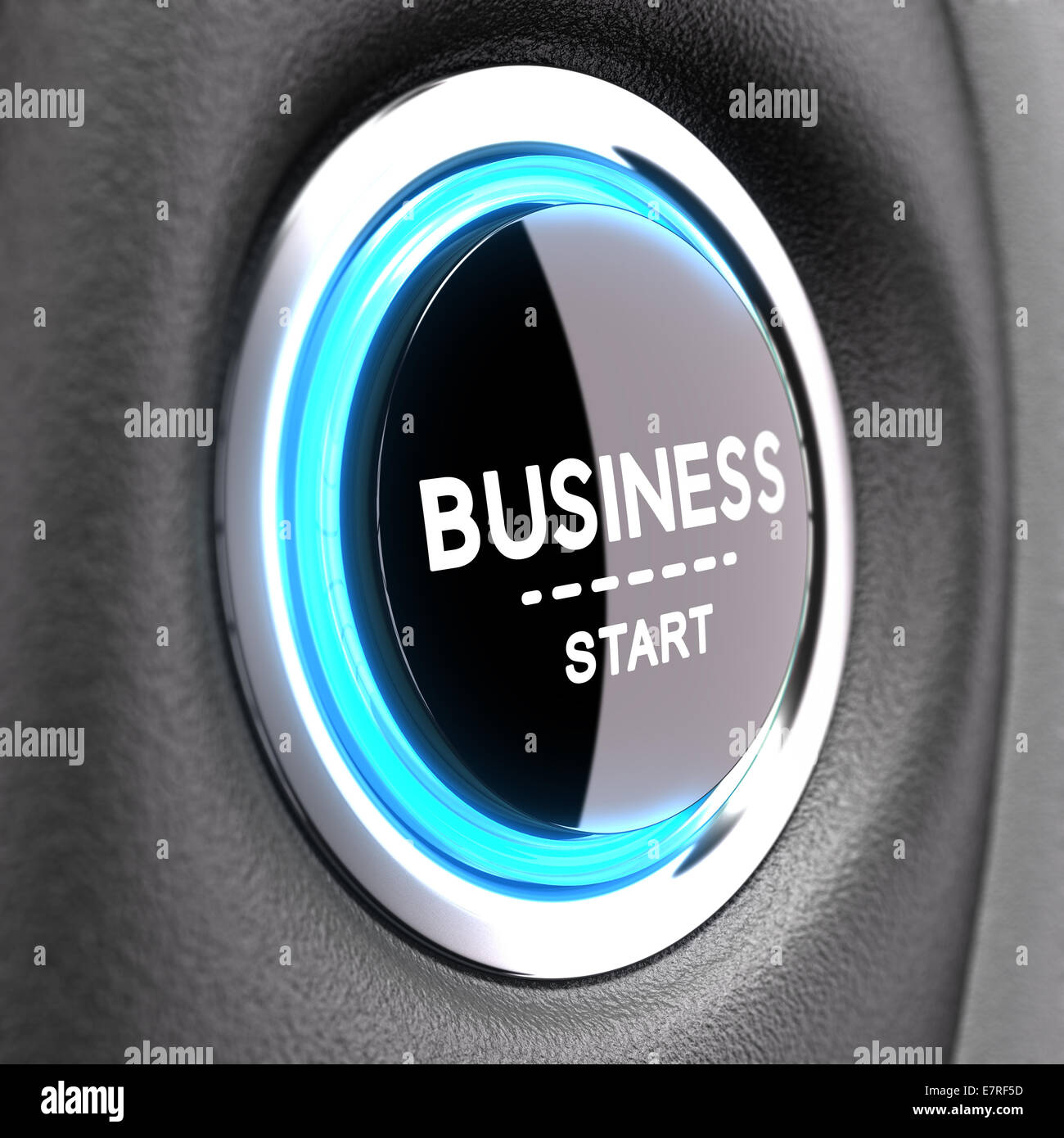 Blue Push button with the phrase business start. Concept image to ...