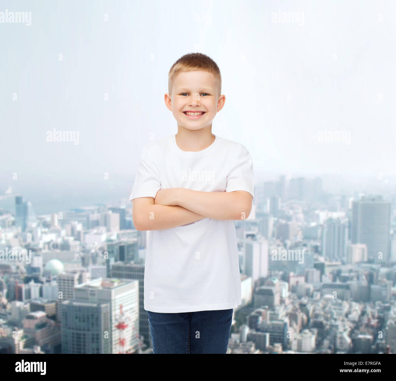 smiling little boy in white blank t-shirt Stock Photo - Alamy
