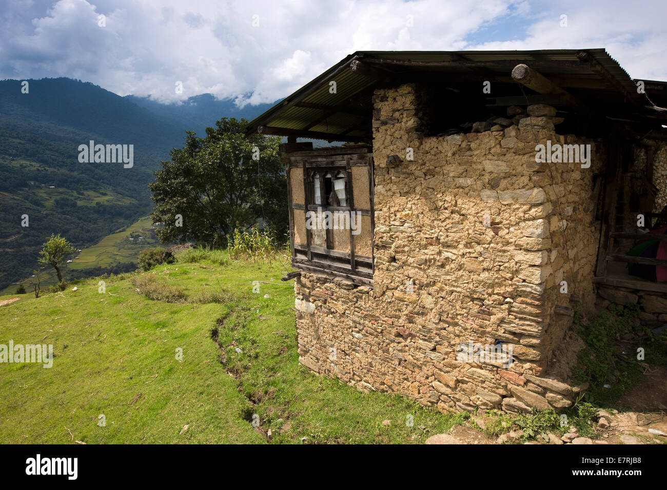 Eastern Bhutan, Trashi Yangtse, traditional farmhouse on steep hillside ...