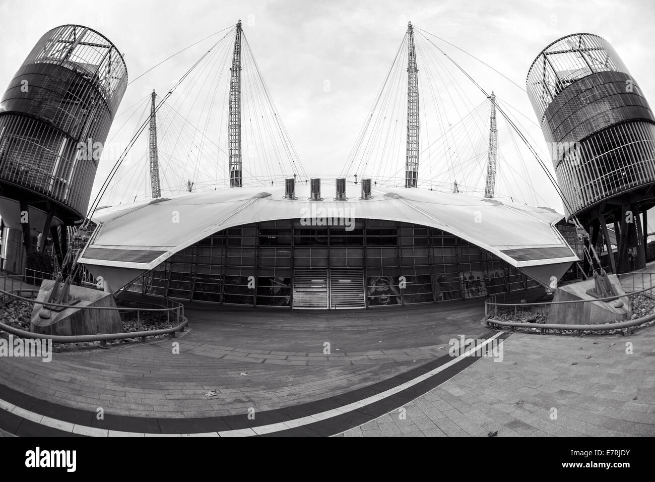 Entrance to O2 Arena with SubStations on either side, in black & white ...