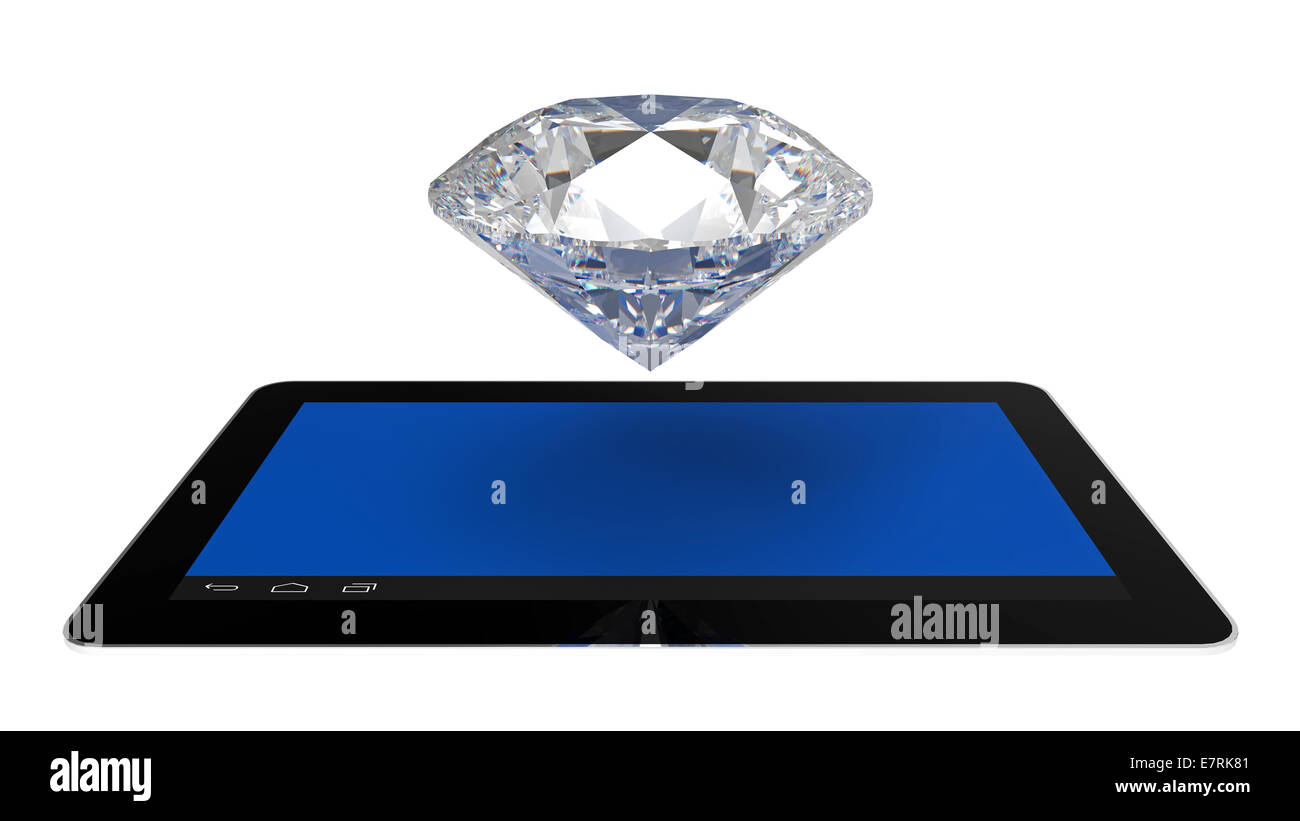 Diamond over tablet computers on white, 3d render, illustration Stock ...