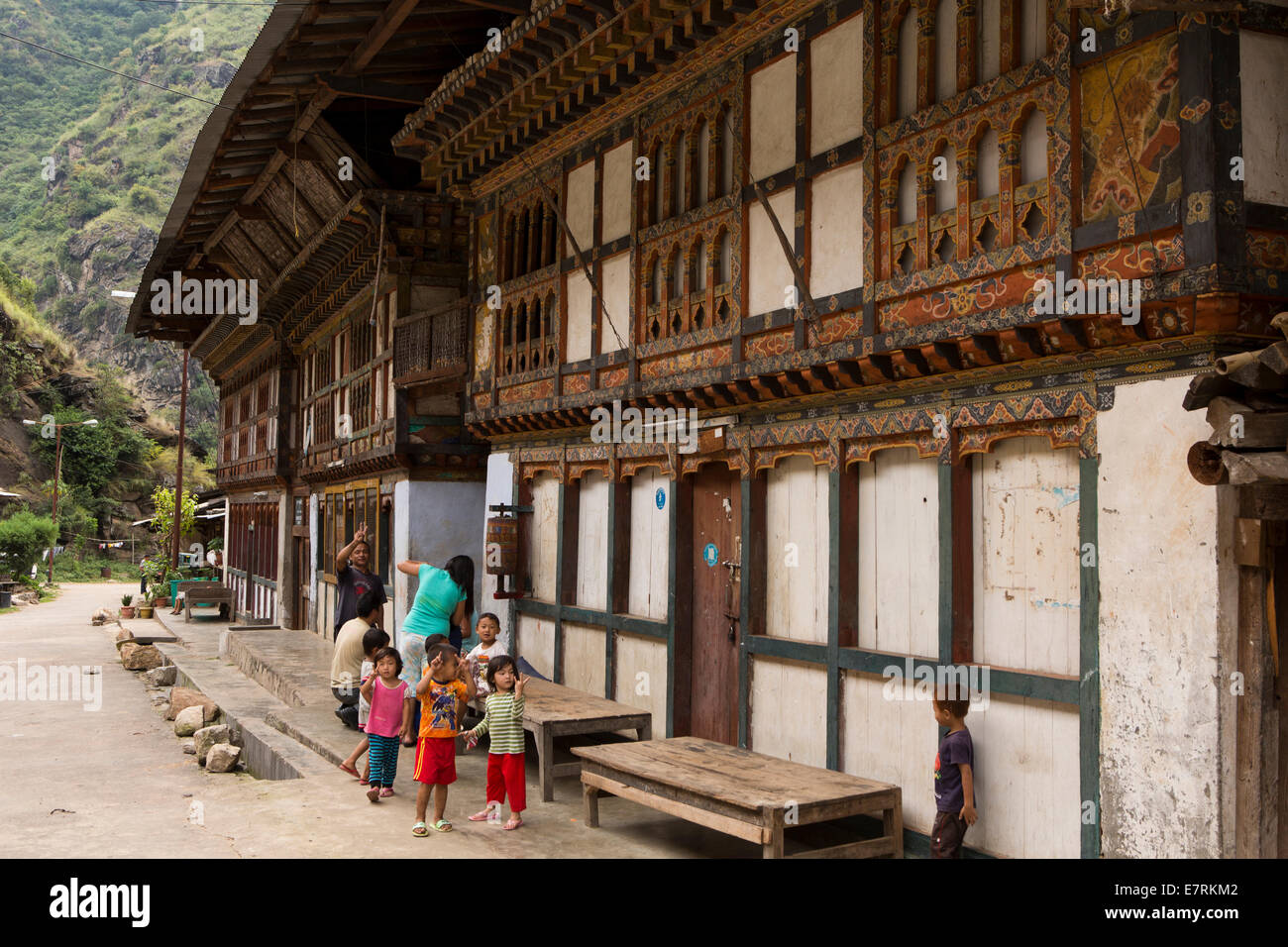 Eastern Bhutan, Trashigang, Duksum, bazaar, children outside village ...