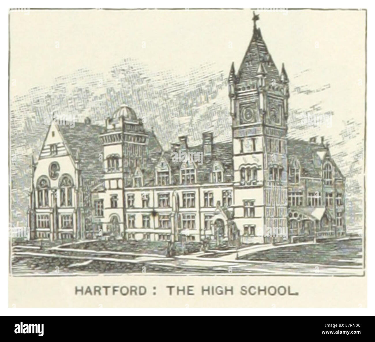 An 1891 sketch of the High School in Hartford, Connecticut. The map ...