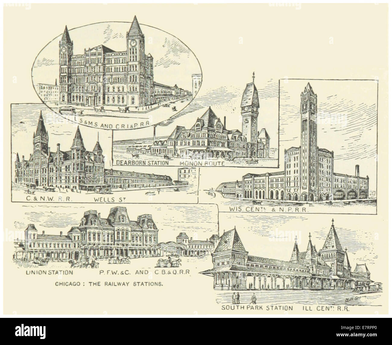 An illustration from 1891 showing the railway stations of Chicago ...