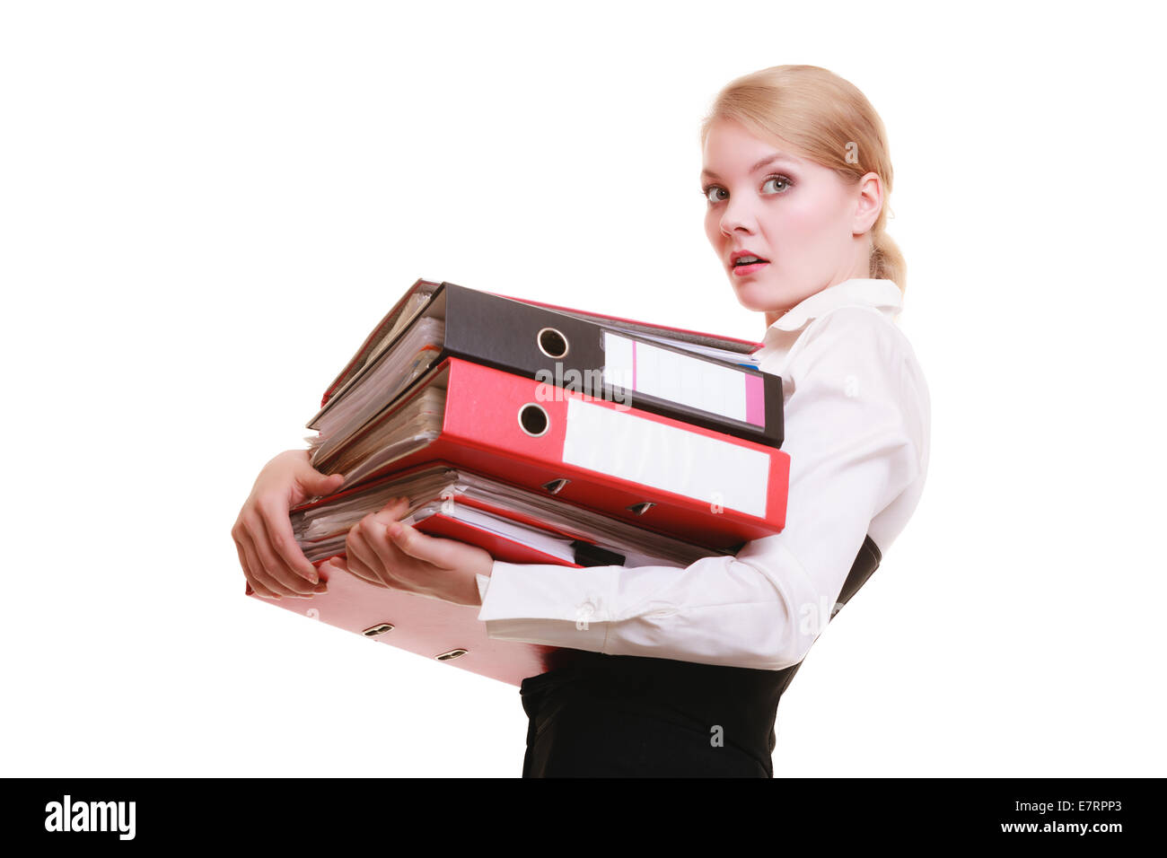 Business and paperwork. Tired overworked busy businesswoman carrying ...