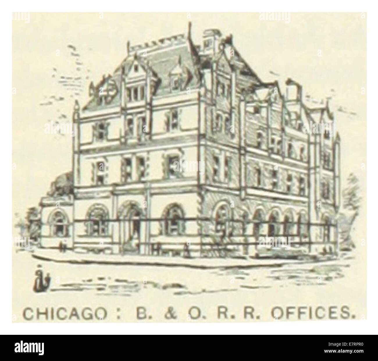 An 1891 illustration of the *B&O Railroad Offices* in Chicago. This ...