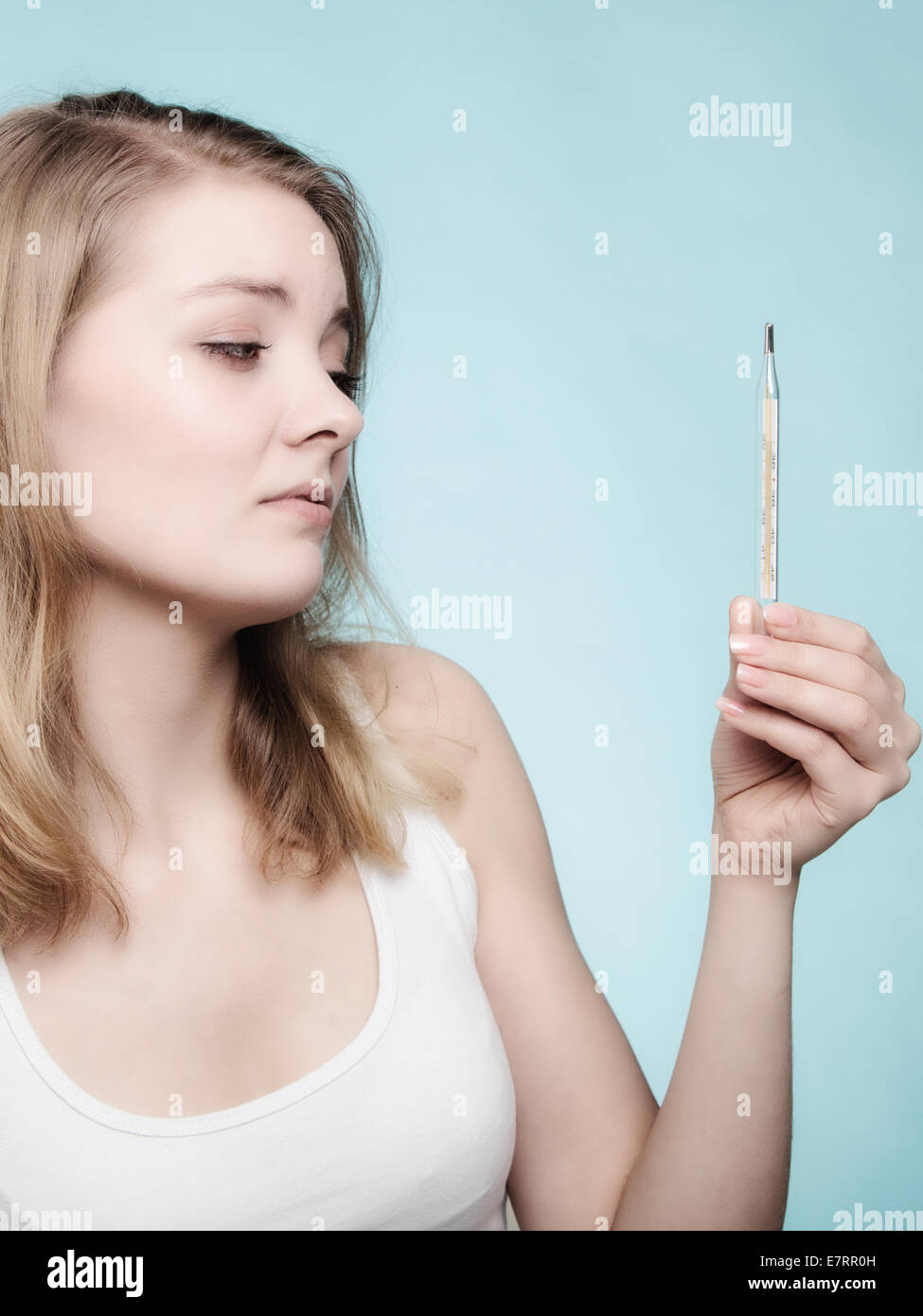 Flu cold grippe. Woman having high temperature. Sick girl with fever ...