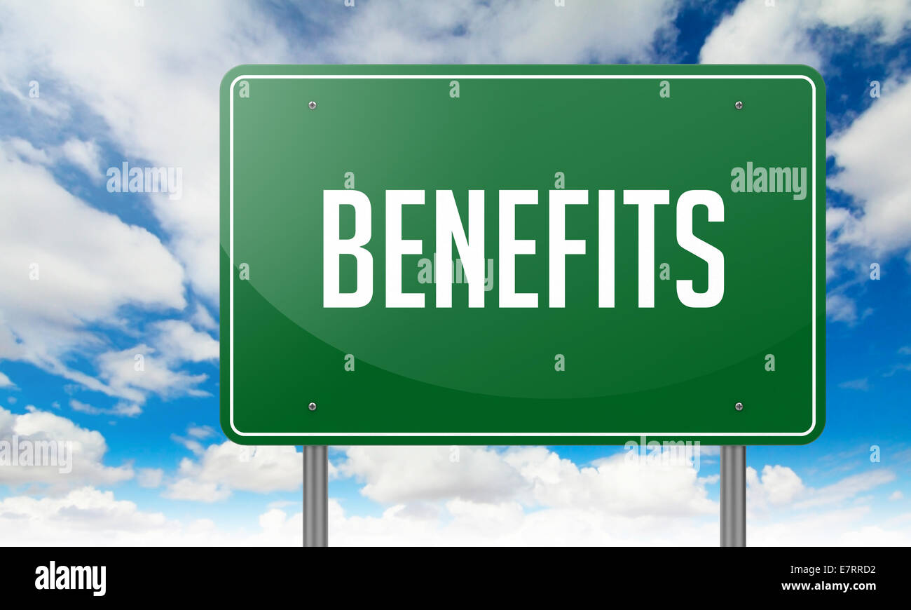 Benefits on Highway Signpost Stock Photo - Alamy