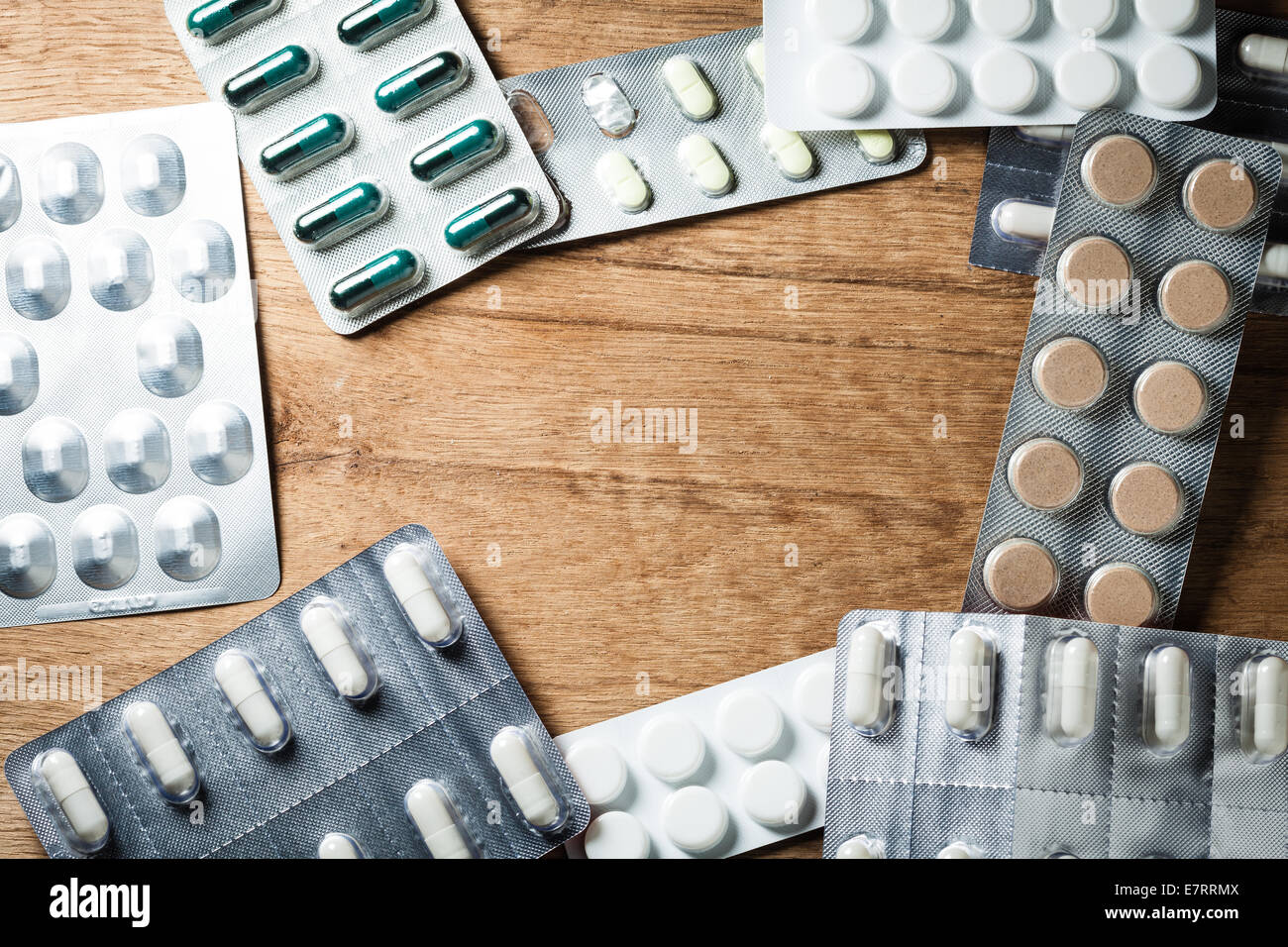 Medical background backdrop with frame border of pills tablets drugs on ...