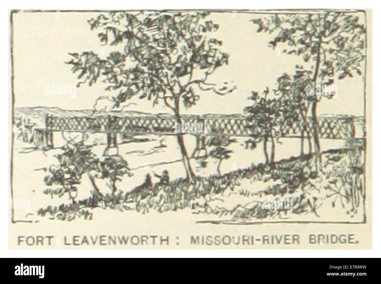 An 1891 illustration or map showing Fort Leavenworth and the Missouri ...