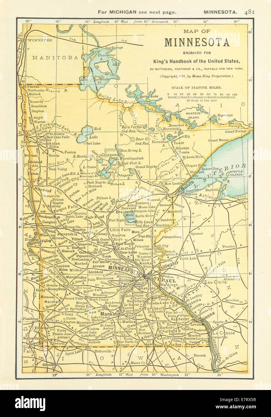 An 1891 map of Minnesota, showing the state’s geographic features and ...