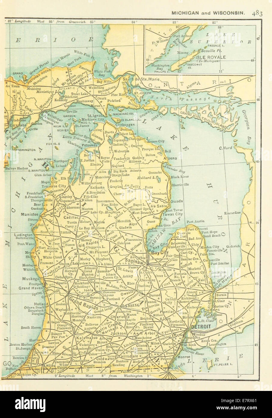 This 1891 map highlights the states of Michigan and Wisconsin ...
