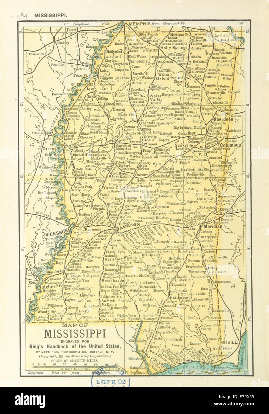A 1891 map illustrating the state of Mississippi, detailing its ...