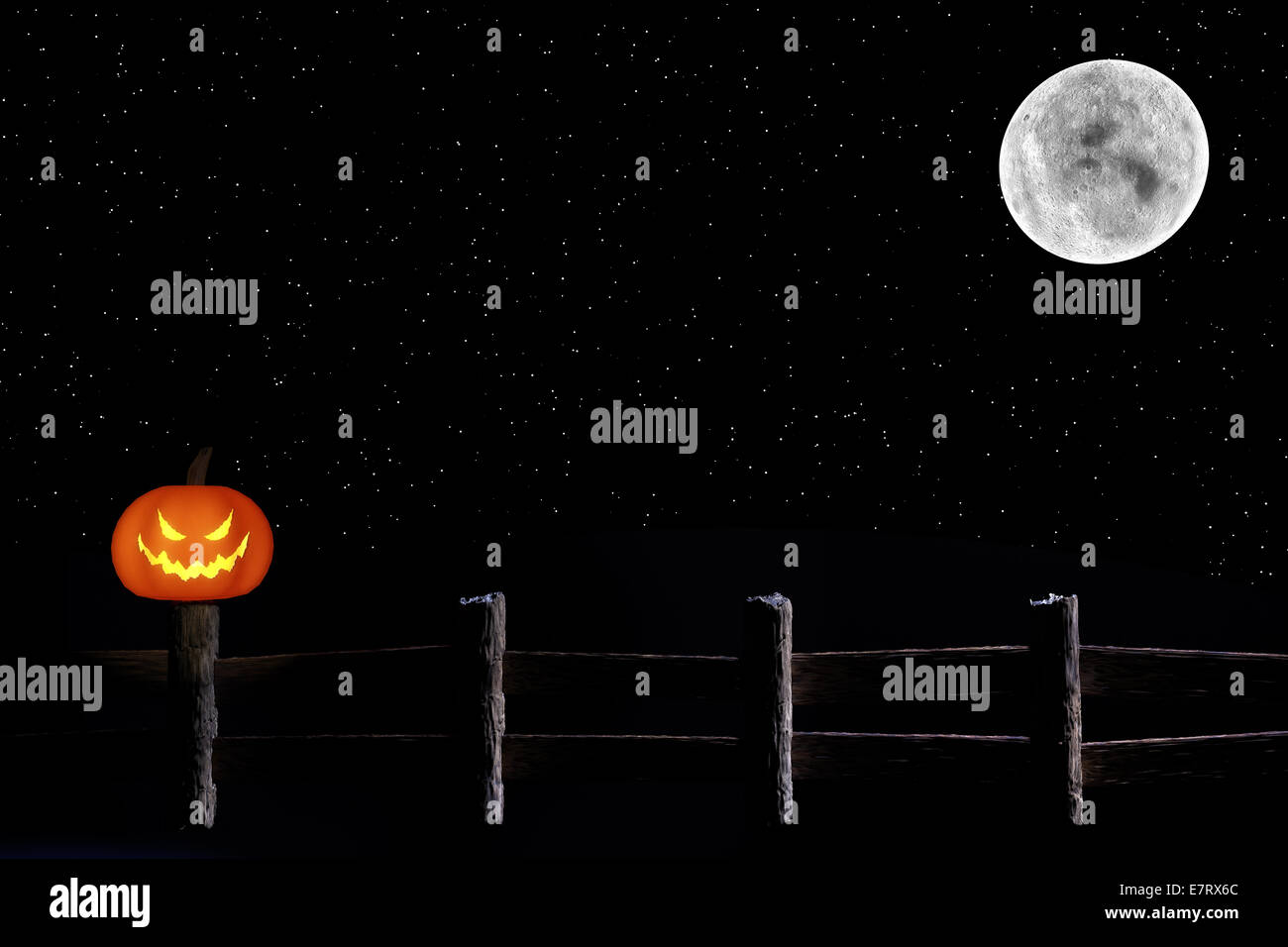 Spooky Jack Olantern On Fence With Stary Moon Filled Sky As Background