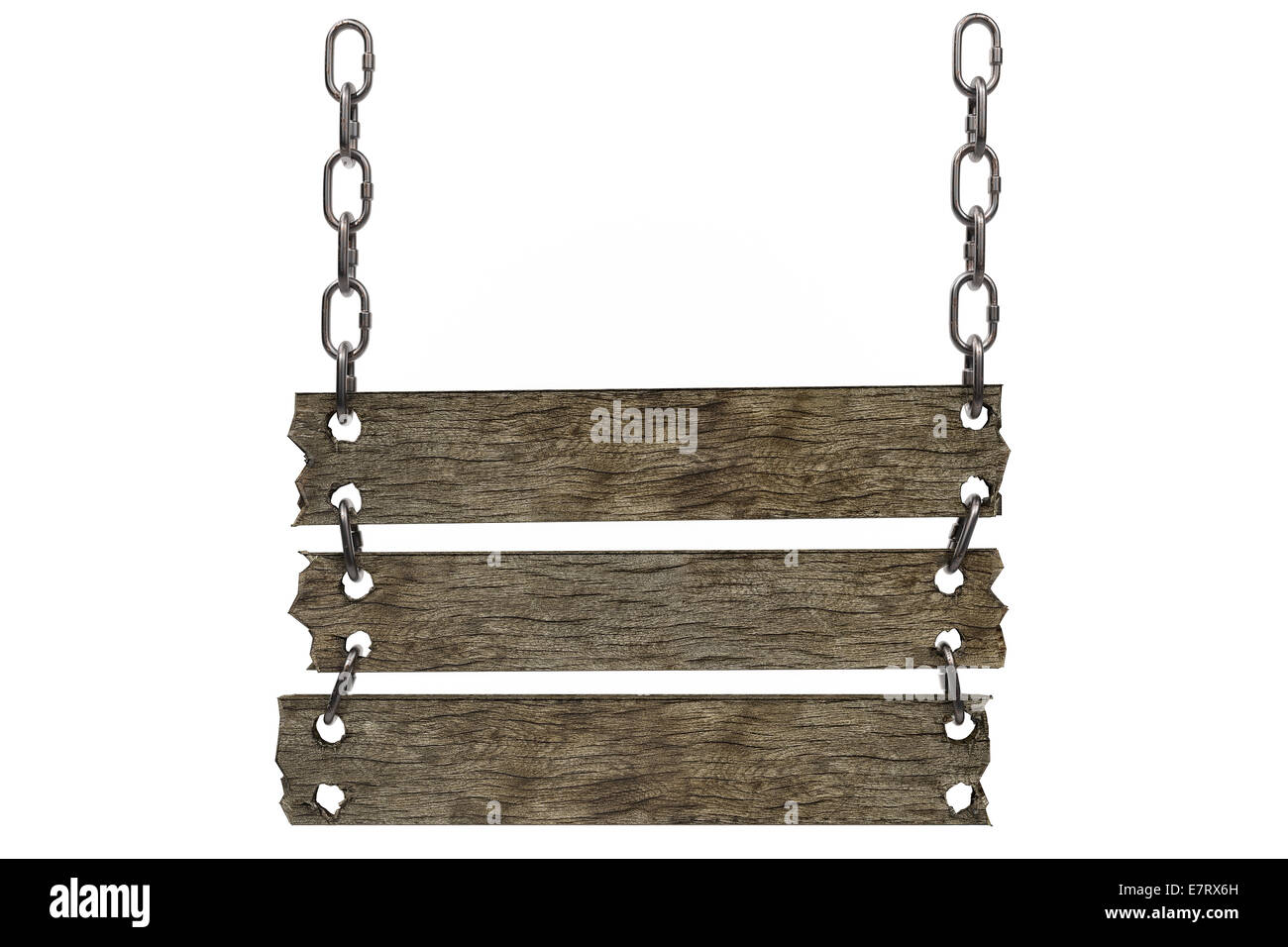 Worn hanging wooden sign linked by chain isolated on a white background ...