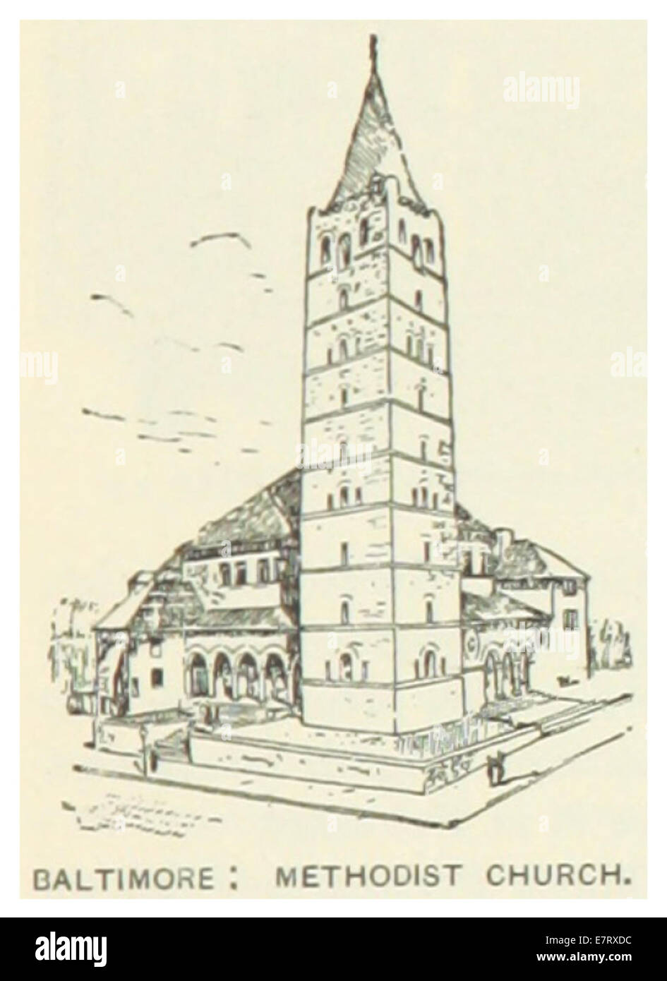 An illustration from 1891 showing the Methodist Church in Baltimore ...