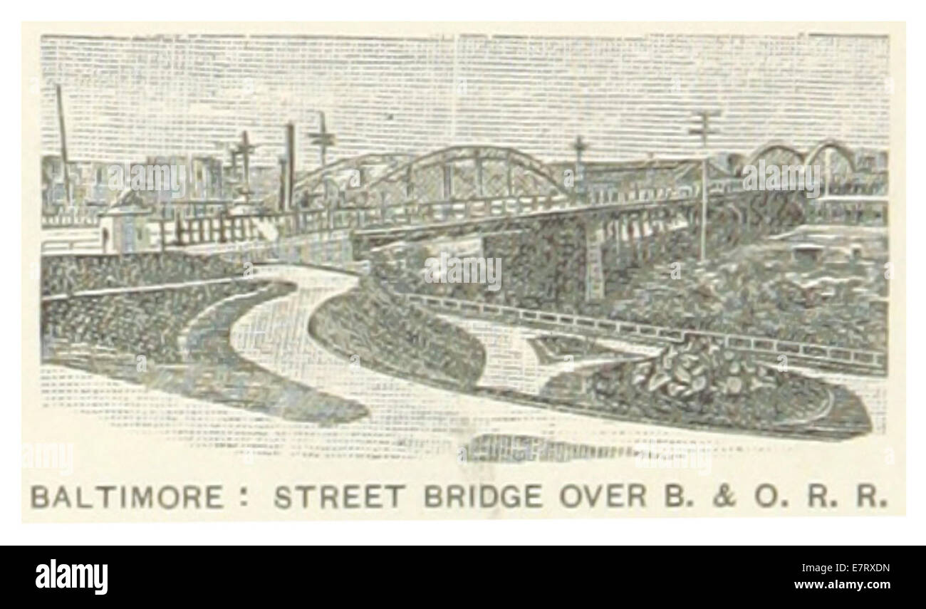 An 1891 illustration depicting a street bridge in Baltimore, Maryland ...