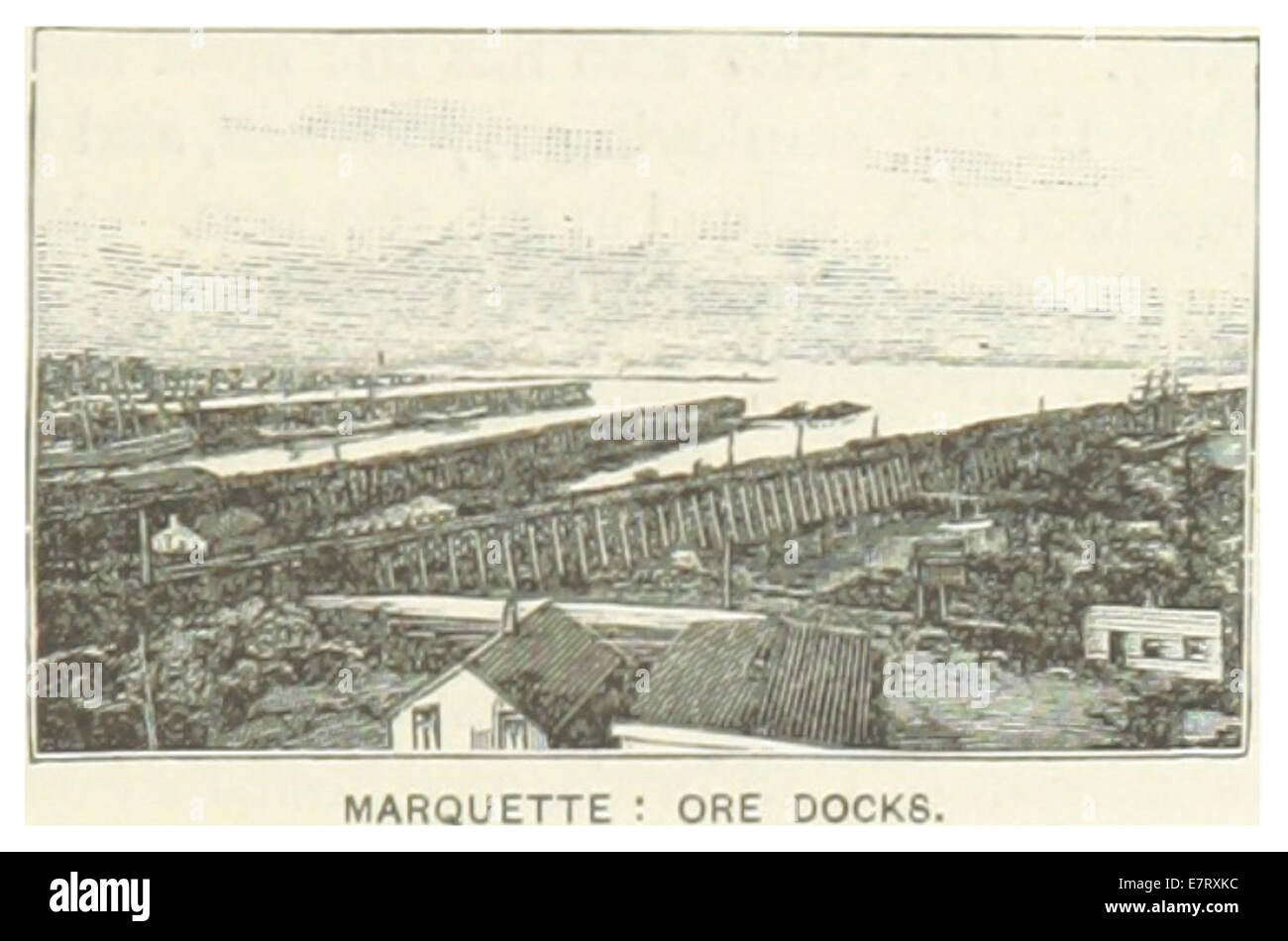 An 1891 illustration depicting the ore docks in Marquette, Michigan ...