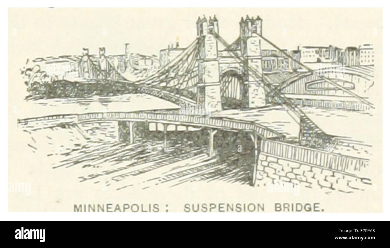 This 1891 illustration highlights the Minneapolis Suspension Bridge, a ...