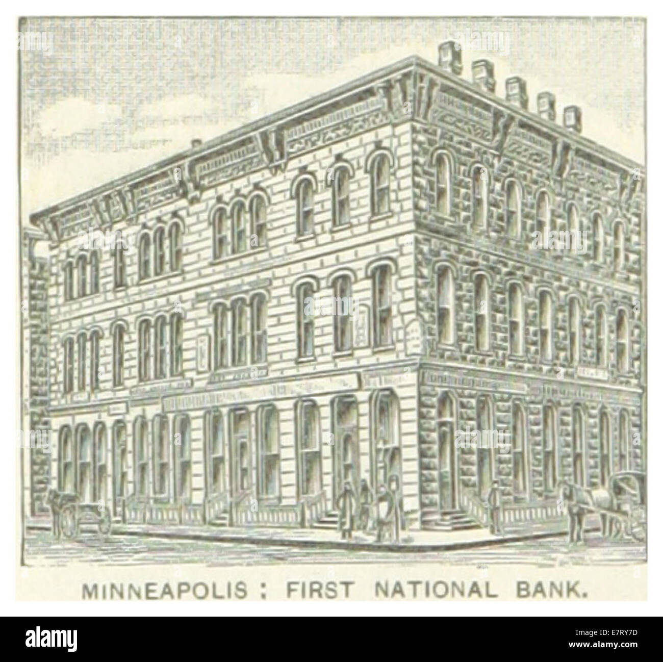 An 1891 illustration showing the First National Bank in Minneapolis ...