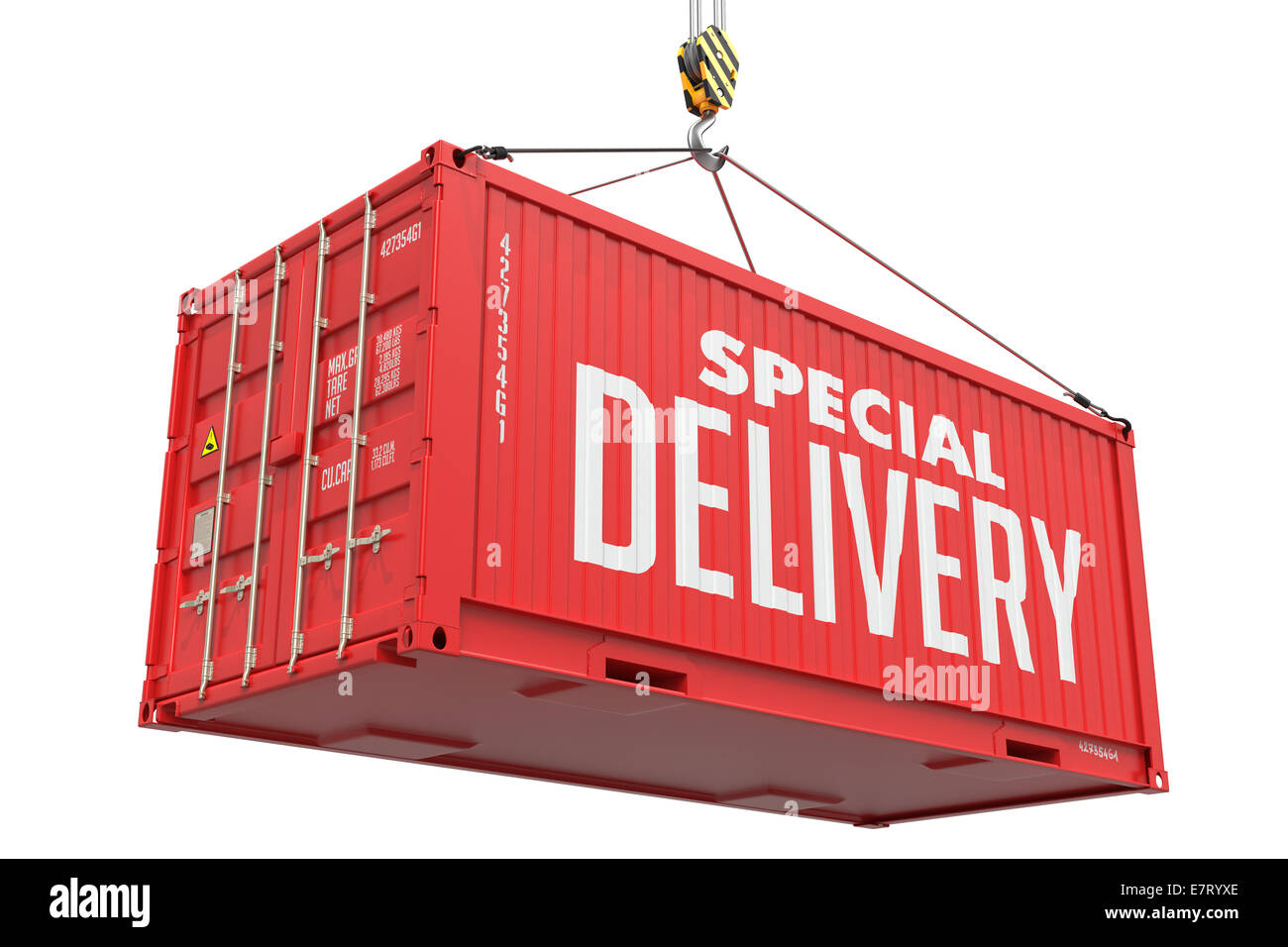 Special Delivery - Red Hanging Cargo Container Stock Photo - Alamy
